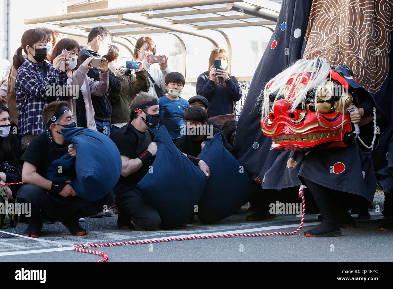 iida, nagano, japan, 2022/27/03 , Lion Dance on a Float. The ritual ...