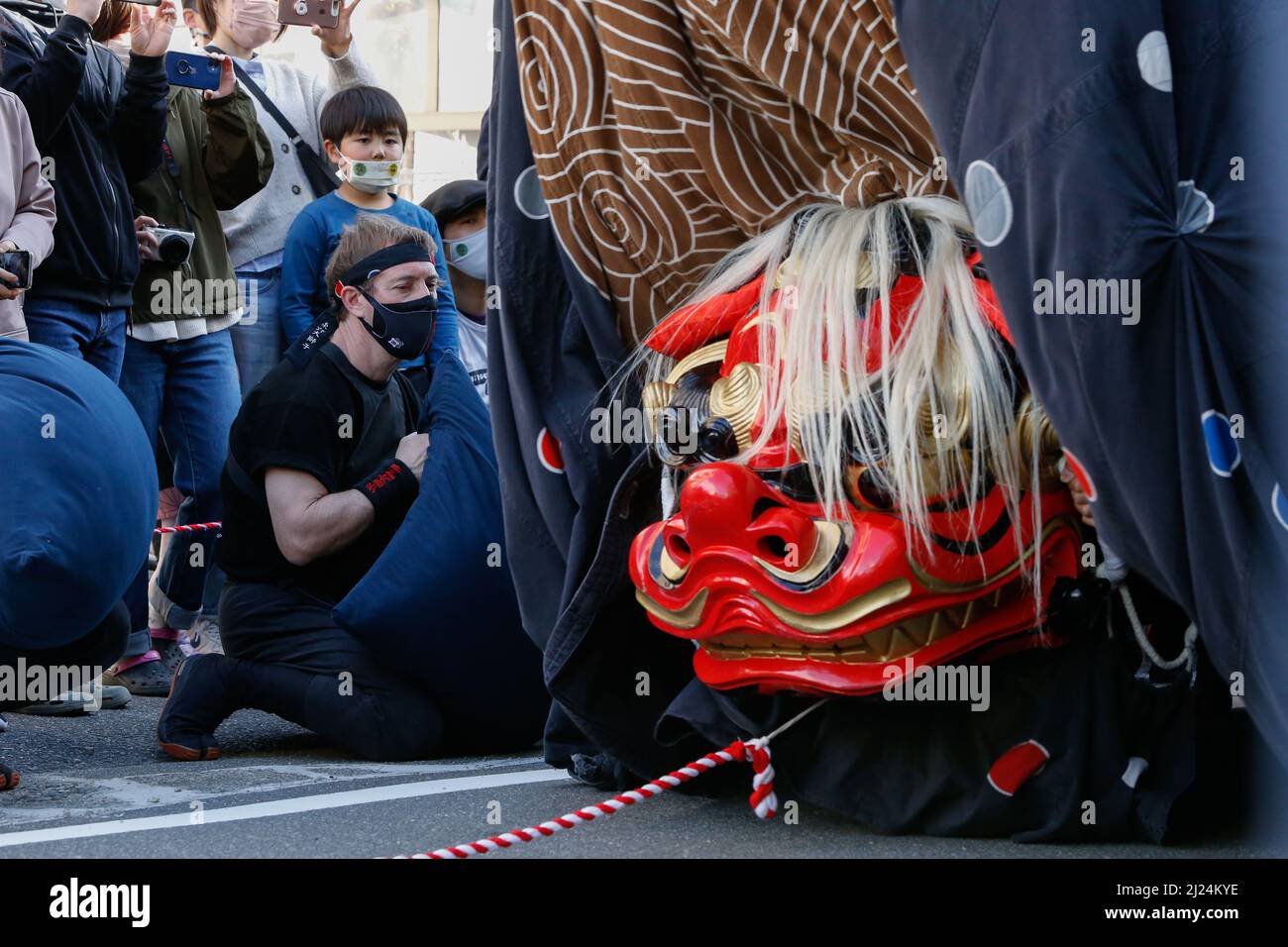 iida, nagano, japan, 2022/27/03 , Lion Dance on a Float. The ritual ...