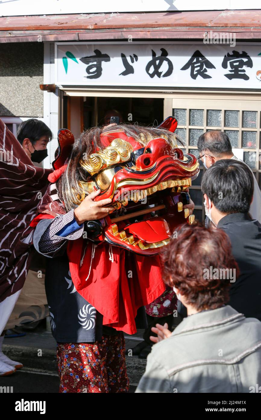 iida, nagano, japan, 2022/27/03 , Lion Dance on a Float. The ritual ...