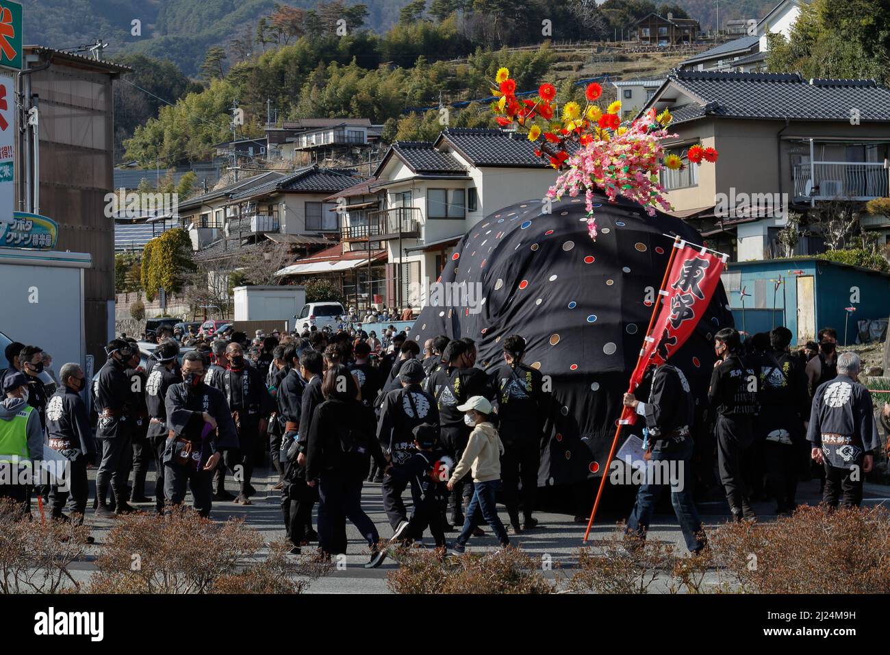 iida, nagano, japan, 2022/27/03 , Lion Dance on a Float. The ritual ...