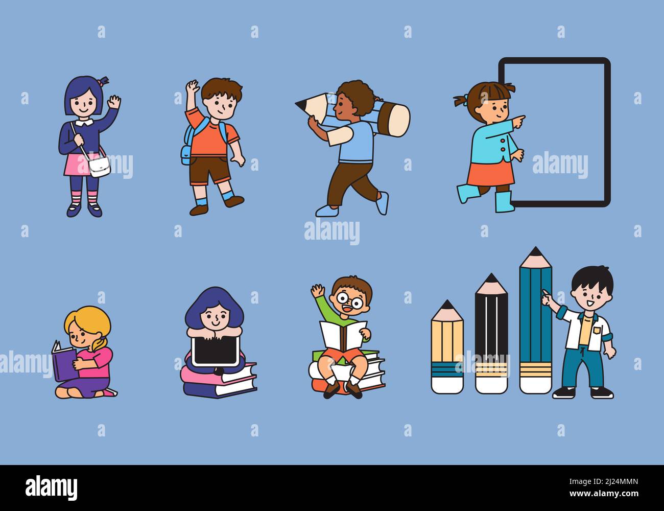 kids and learning filled outline vector illustration. boys and girls ...