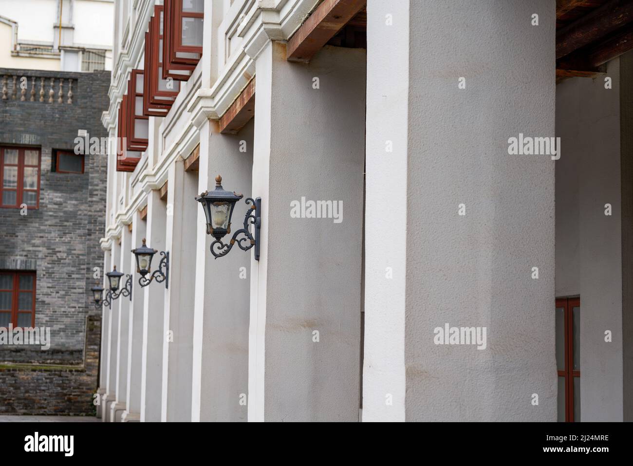Partial close-up of arcade buildings in ancient Chinese architecture ...