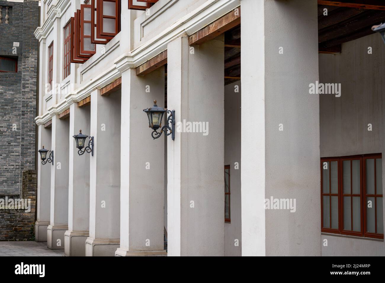 Partial close-up of arcade buildings in ancient Chinese architecture ...