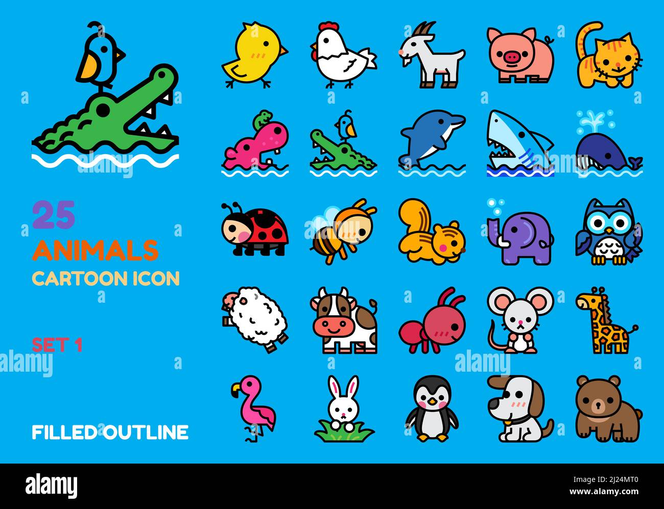 Animal filled outline icon vector set. Cute cartoon design illustration ...