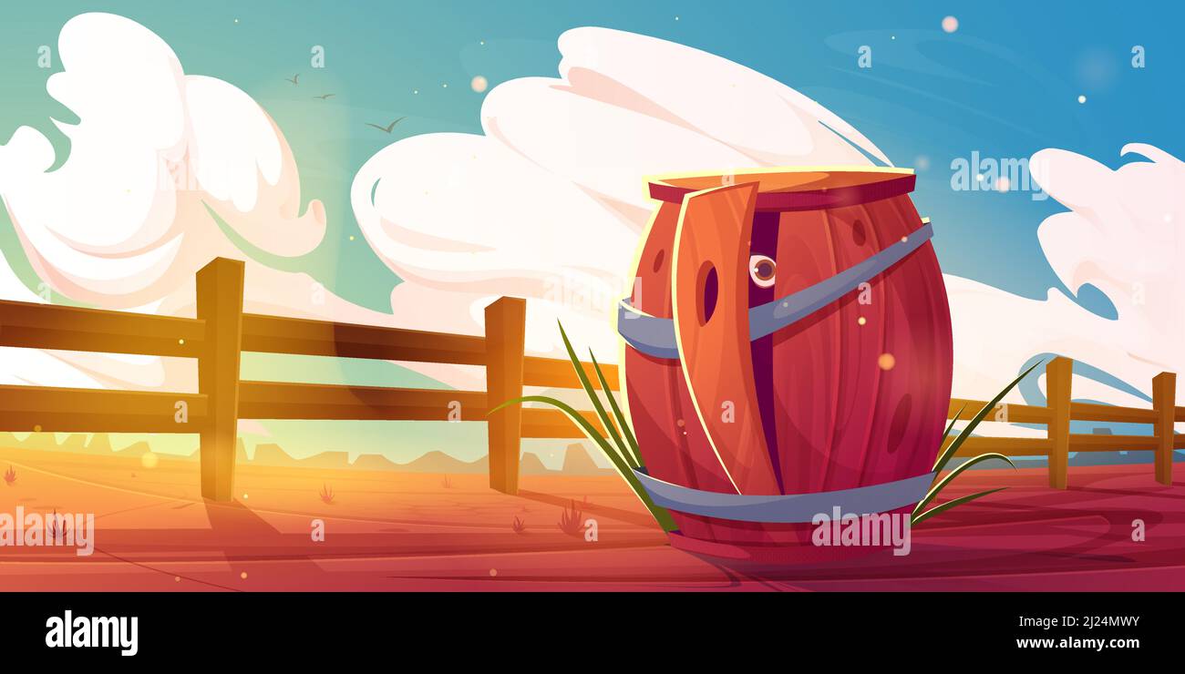 Wild west landscape, american ranch with wooden fence and barrel ...