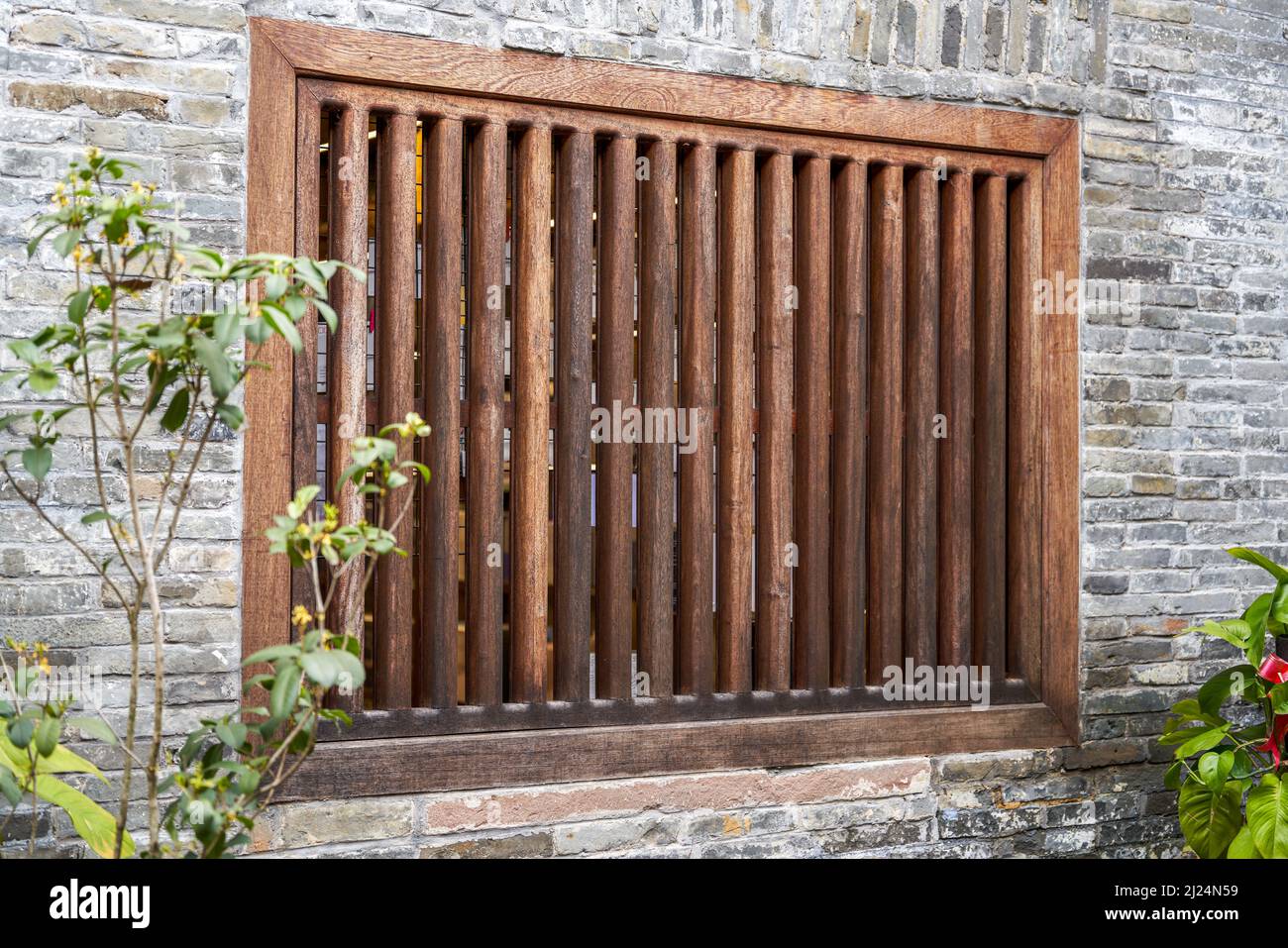 Close-up of traditional glass and wooden windows in ancient Chinese ...