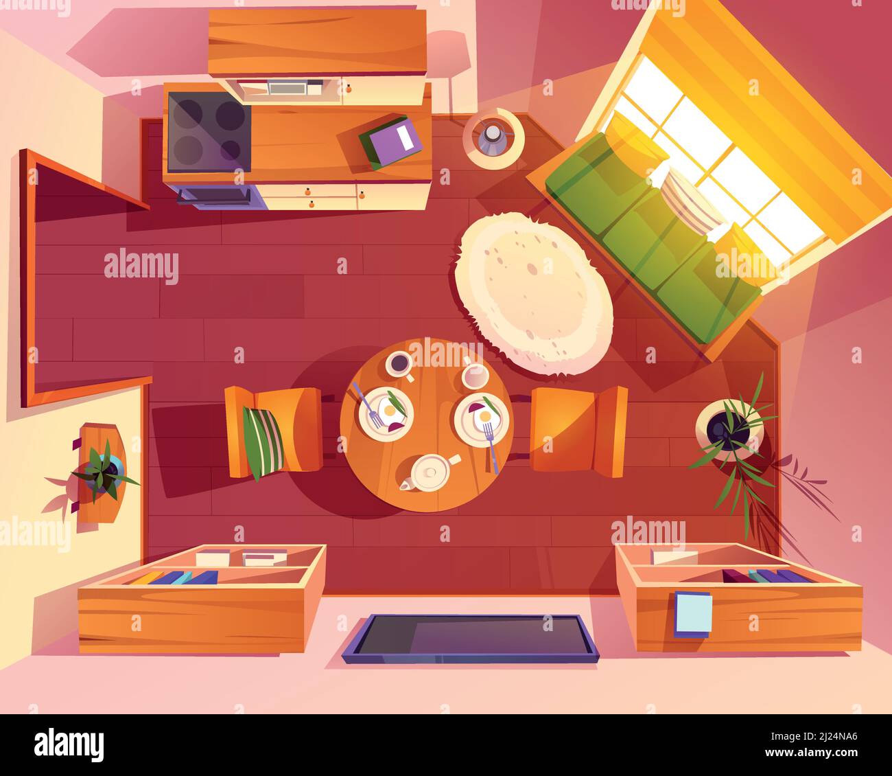 Top view of kitchen and lounge in studio apartment or hotel. Vector ...