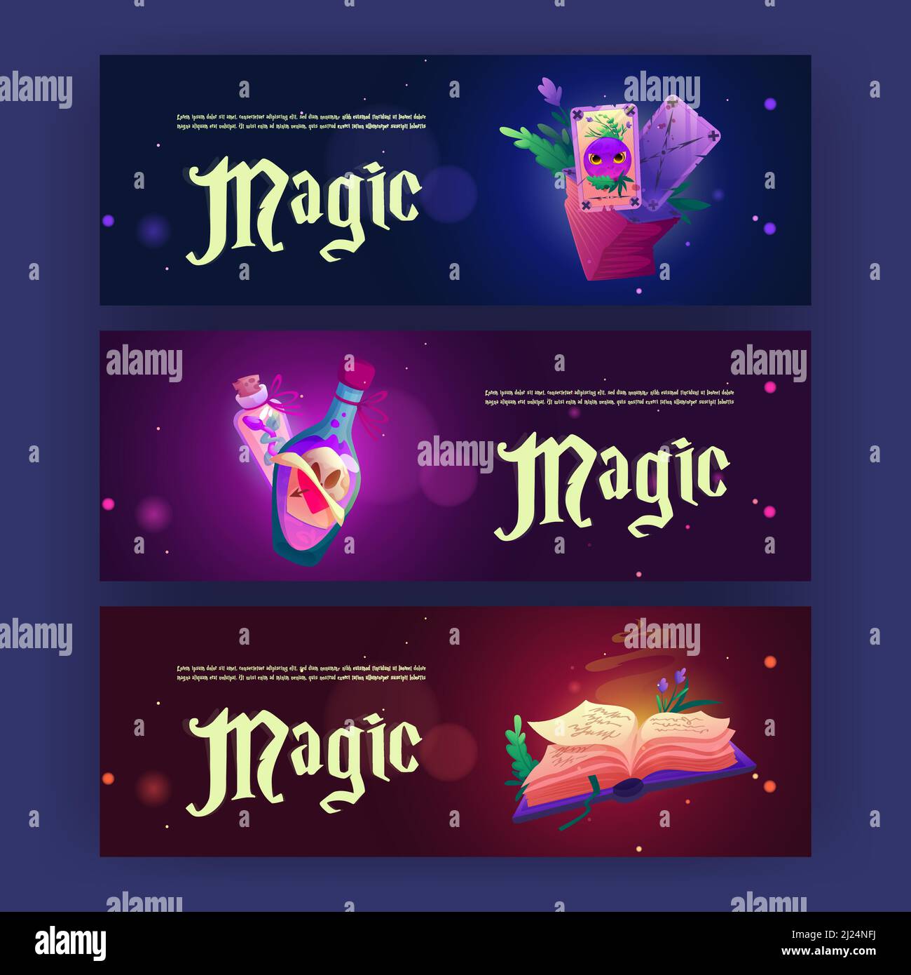 Magic posters with elixir, fortune telling cards, and book of spell ...