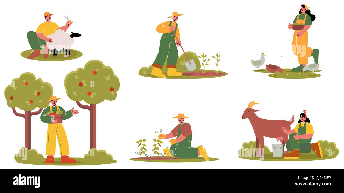 People doing farming and gardening works. Characters feeding poultry ...