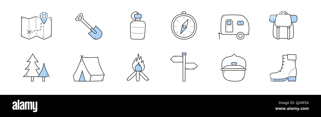 Summer camp icons with tent, backpack, map, compass and fire. Vector ...