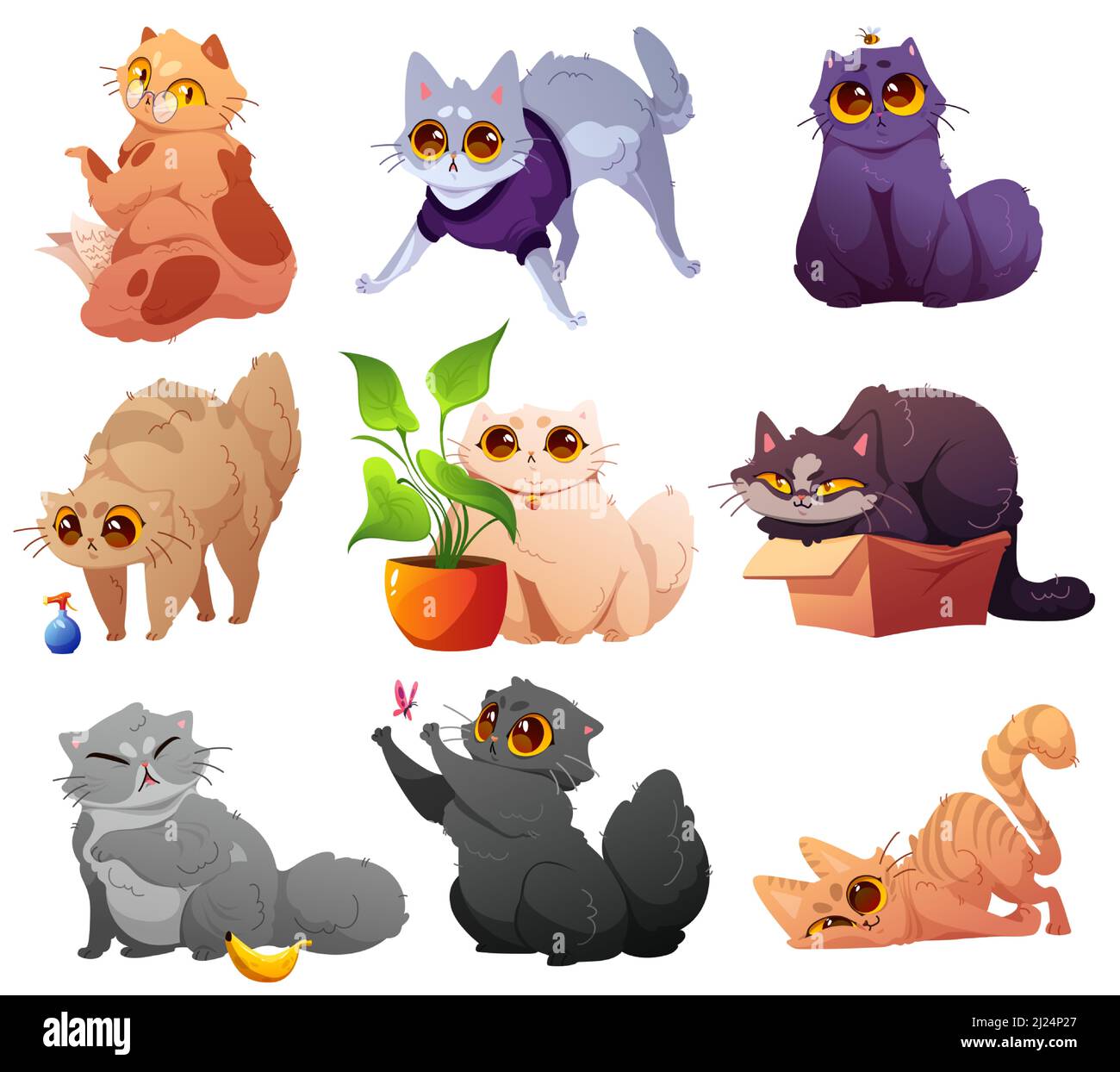Cute pets characters, cats and kittens in different poses. Vector ...