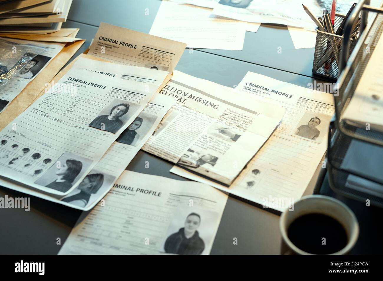 Close-up of several criminal profiles with photos of killers and ...