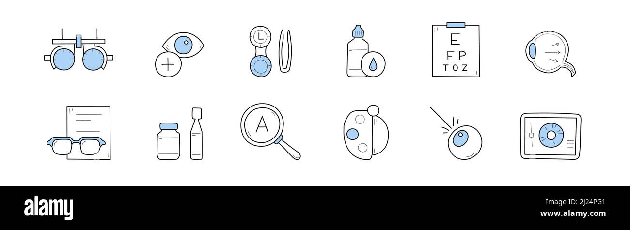 Sketch icons of ophthalmology, optometry with eye, vision test chart ...