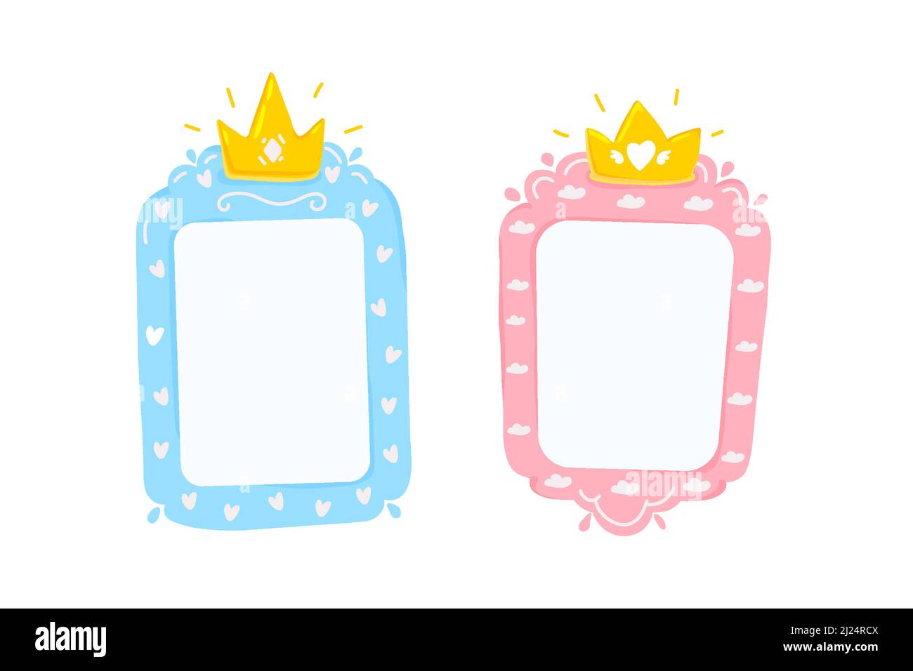 Set of princess and prince cartoon frame in baby pink,blue with gold ...