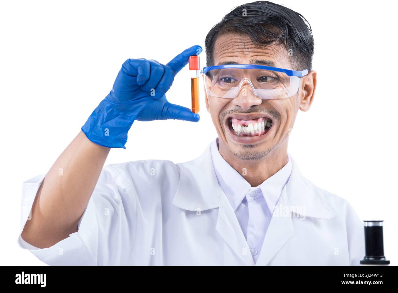 Asian nerd scientist holding a sample tube isolated over white ...