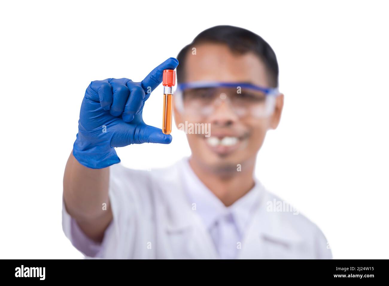 Asian nerd scientist holding a sample tube isolated over white ...