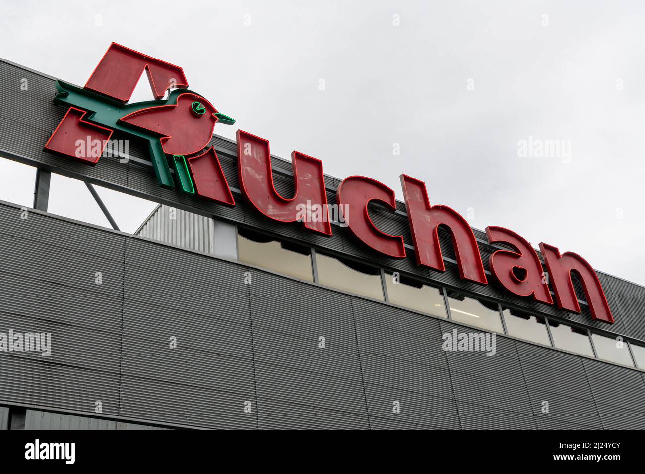This photograph shows the sign of a Auchan store at Velizy Villacoublay ...
