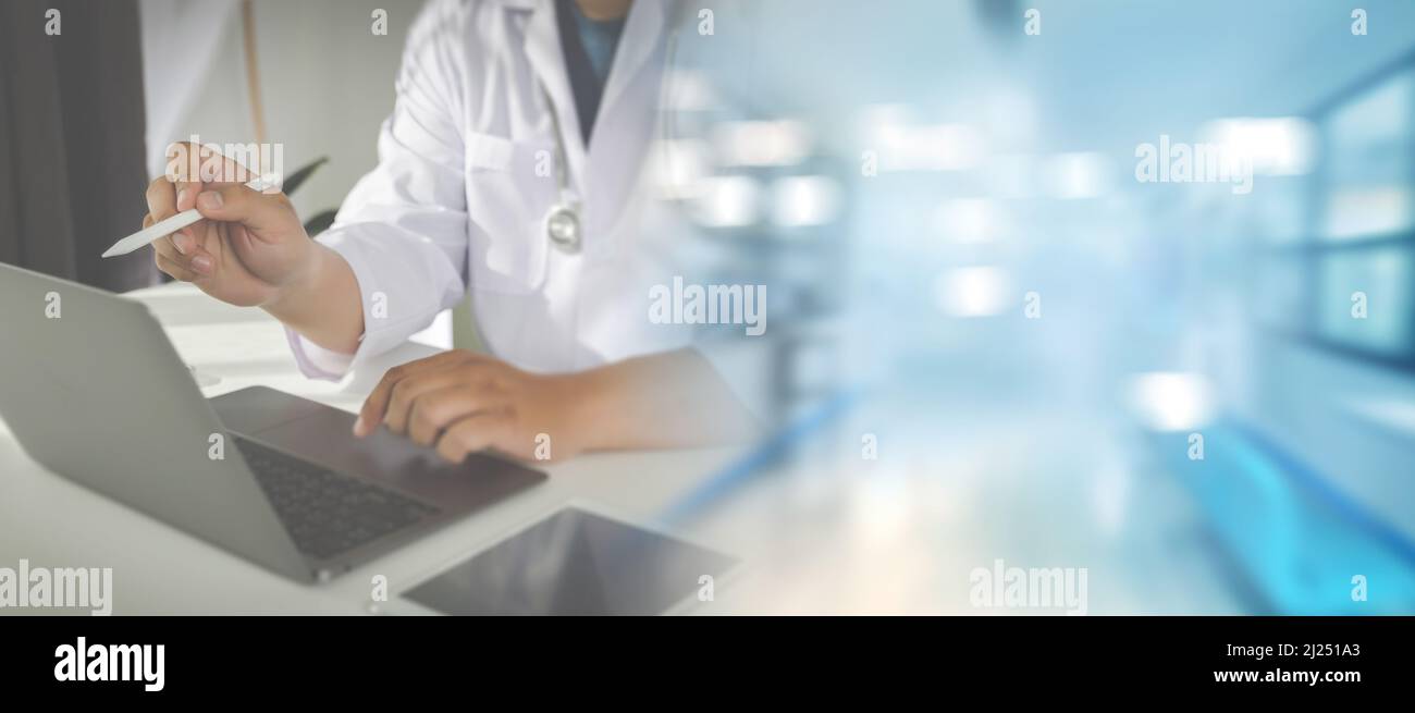 Doctor work computer with medical network connection, medical ...