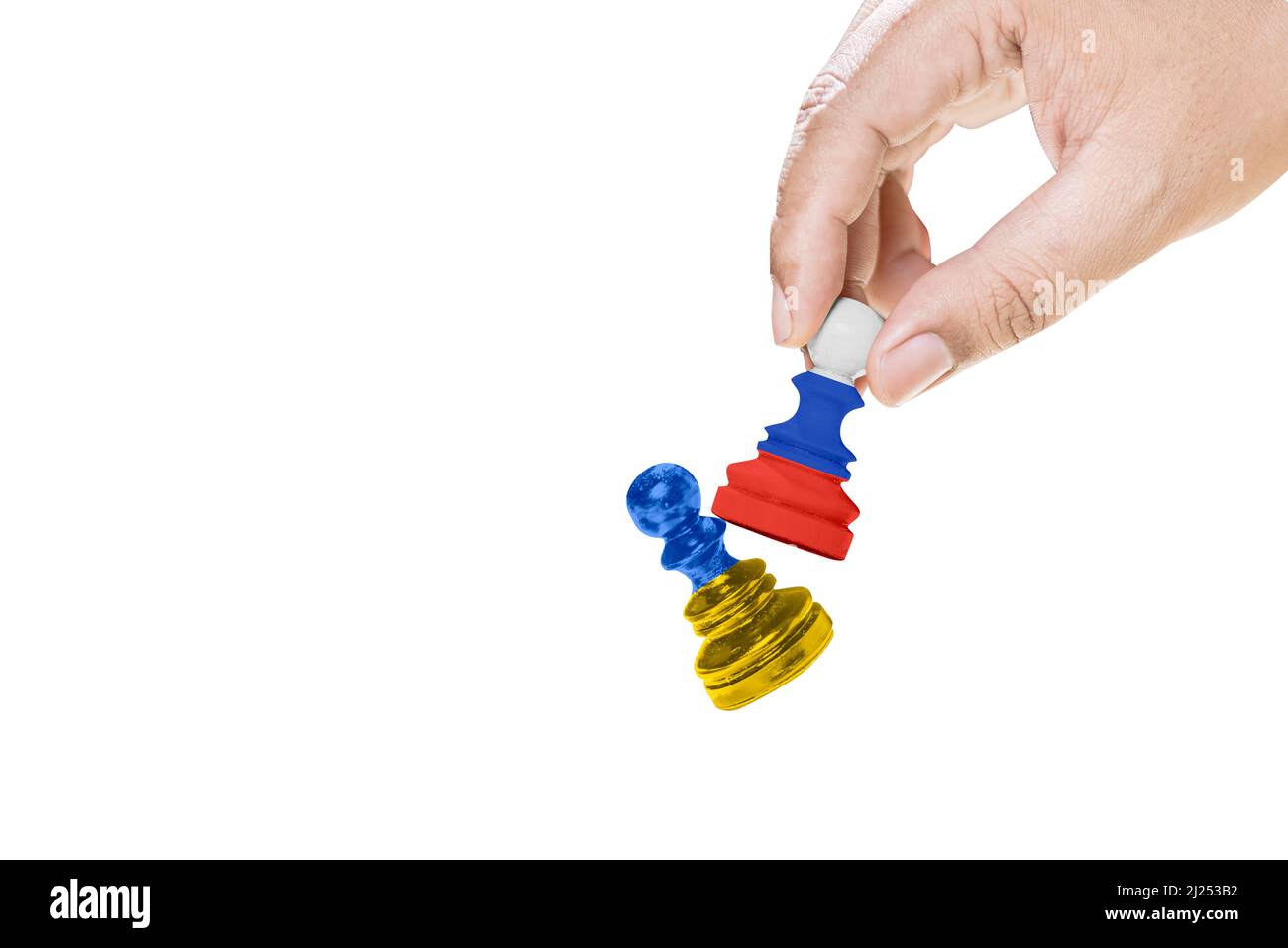 Human hand holding chess piece pawn with Russian flag to beat chess ...