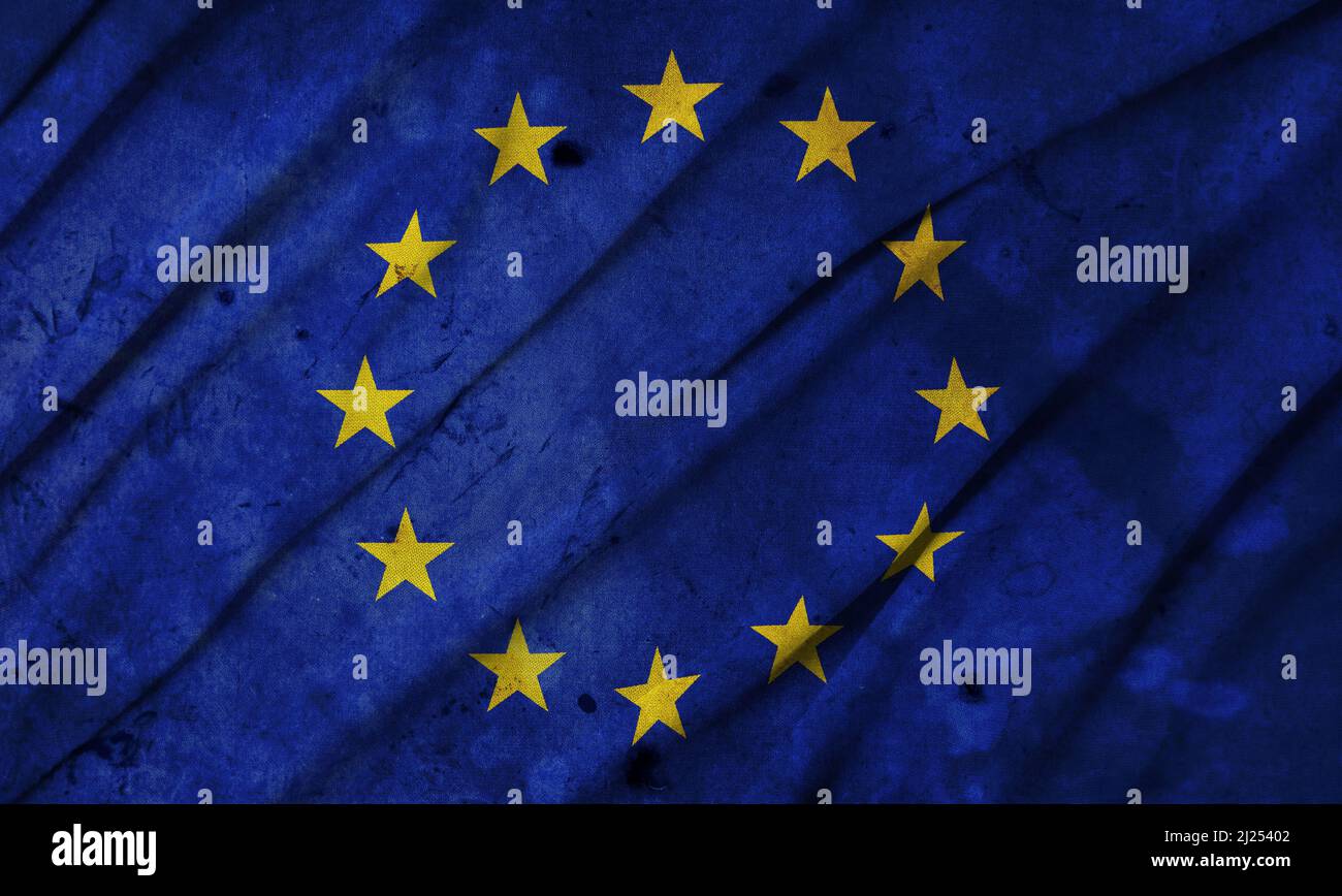 Old grunge vintage dirty weathered damaged flag of EU, European Union ...