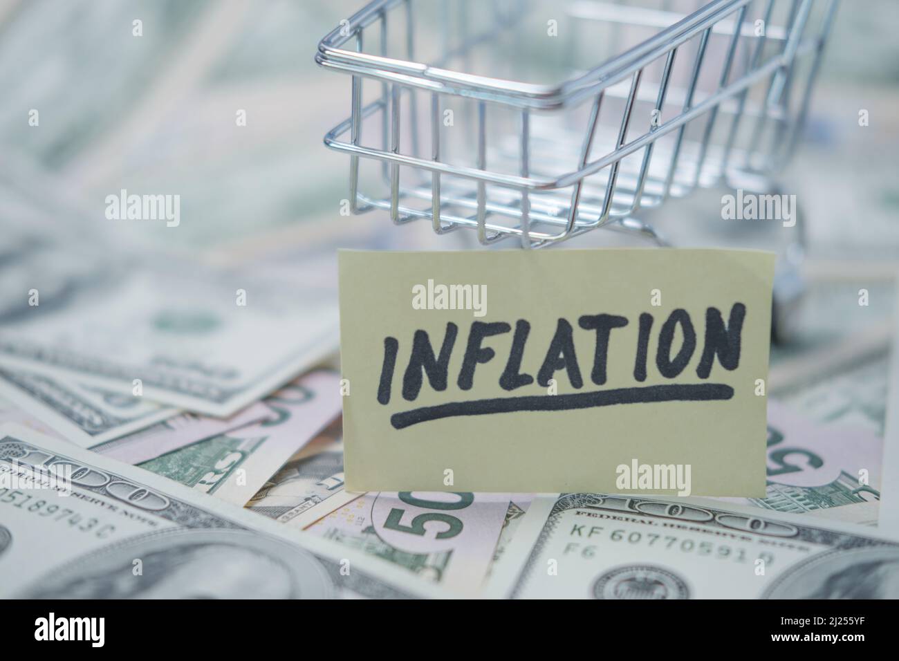 Shopping cart with inflation poster on a blurred background made of ...
