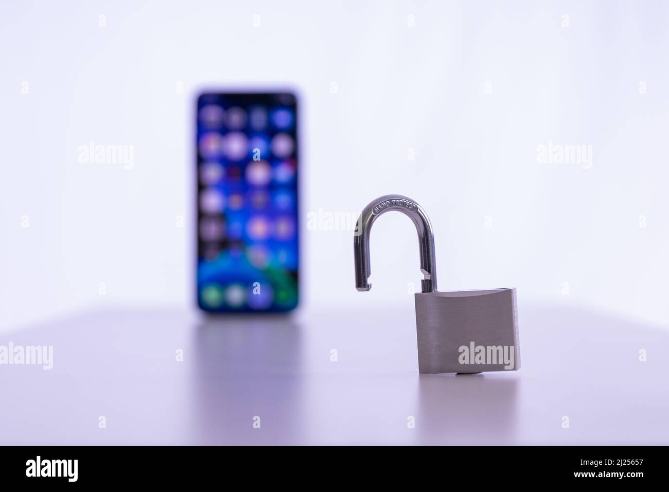 Privacy and data protection: Smartphone with unlocked padlock Stock ...