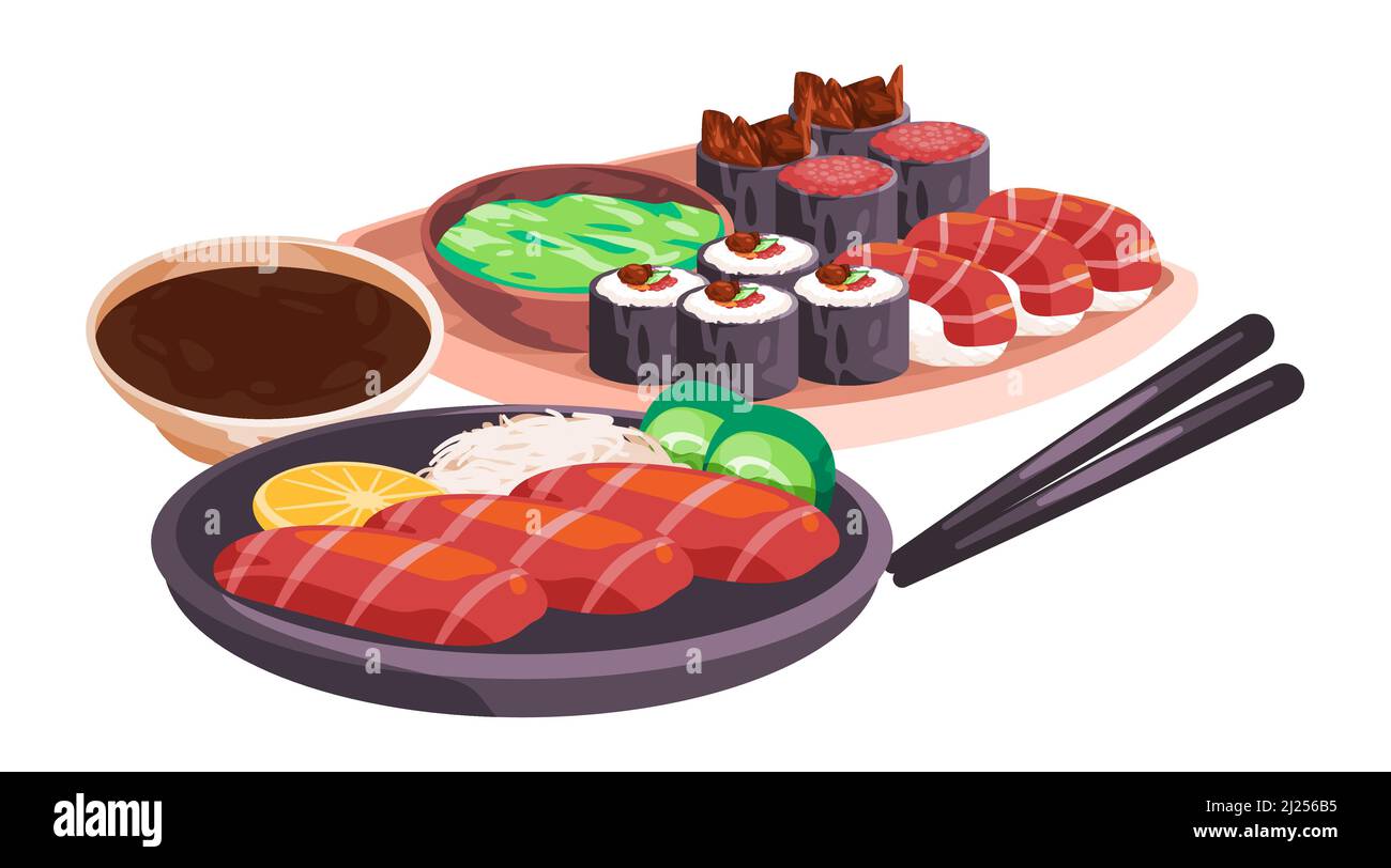 Sushi sashimi tunasalmon set traditional Japanese asian food drawing ...