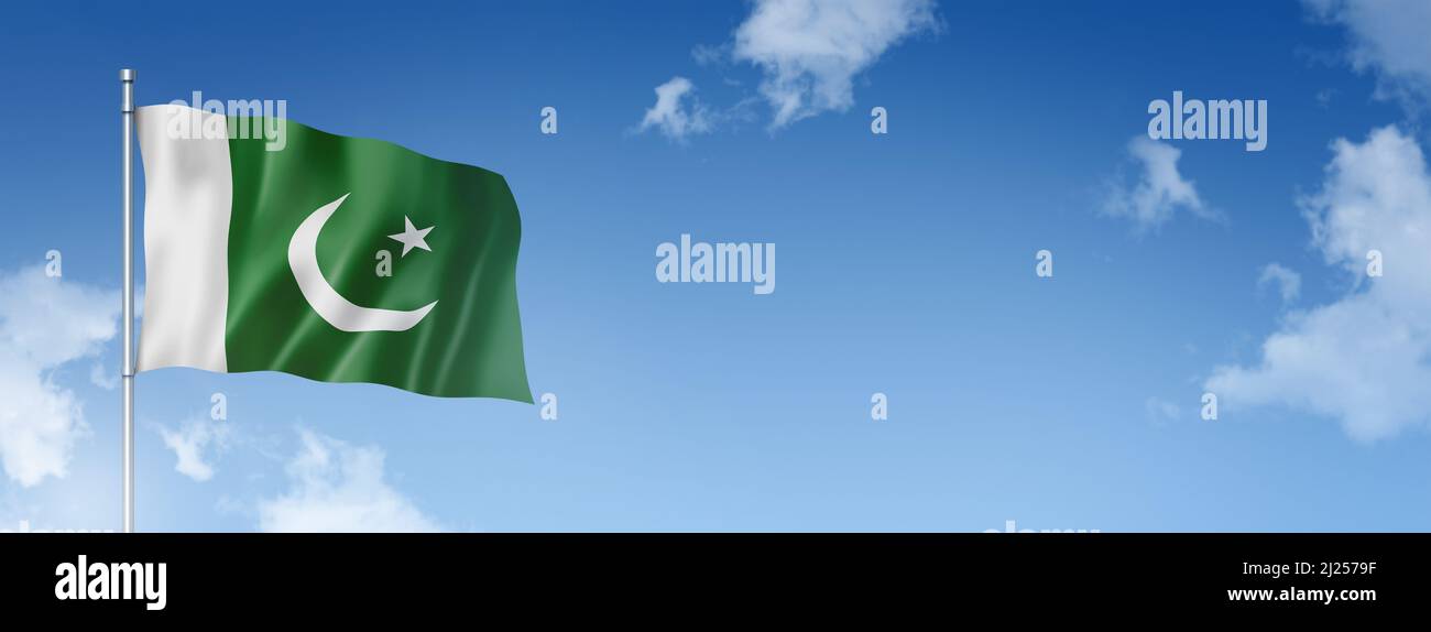 Pakistan flag, three dimensional render, isolated on a blue sky ...