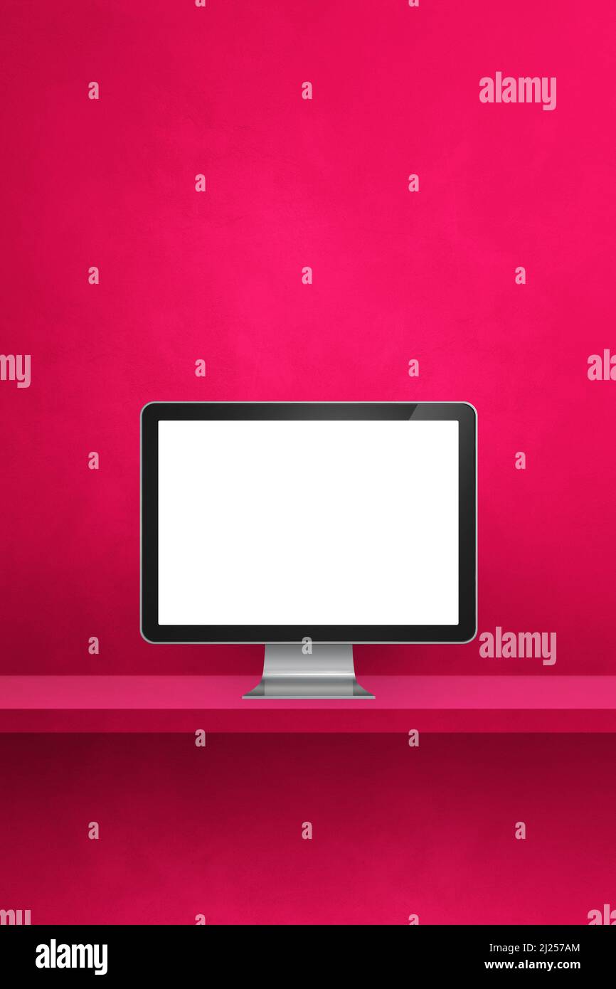 Computer pc - pink wall shelf. Vertical background. 3D Illustration ...