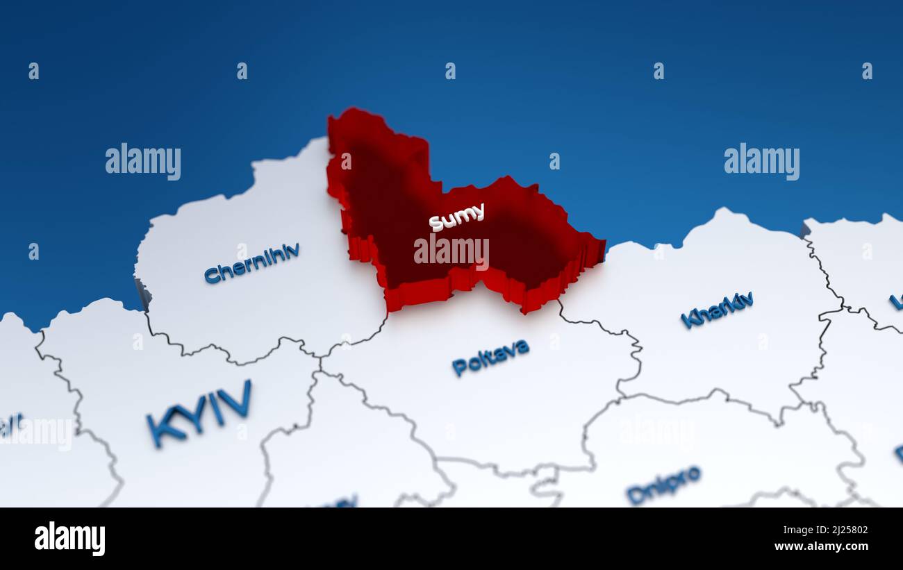 Stylish 3D map of Ukraine with Sumy region at focus highlighted in red ...