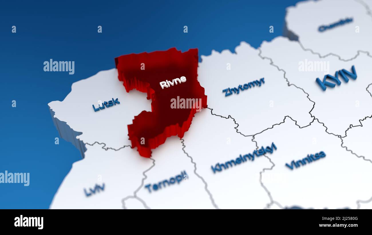 Stylish 3D map of Ukraine with Rivne region at focus highlighted in red ...