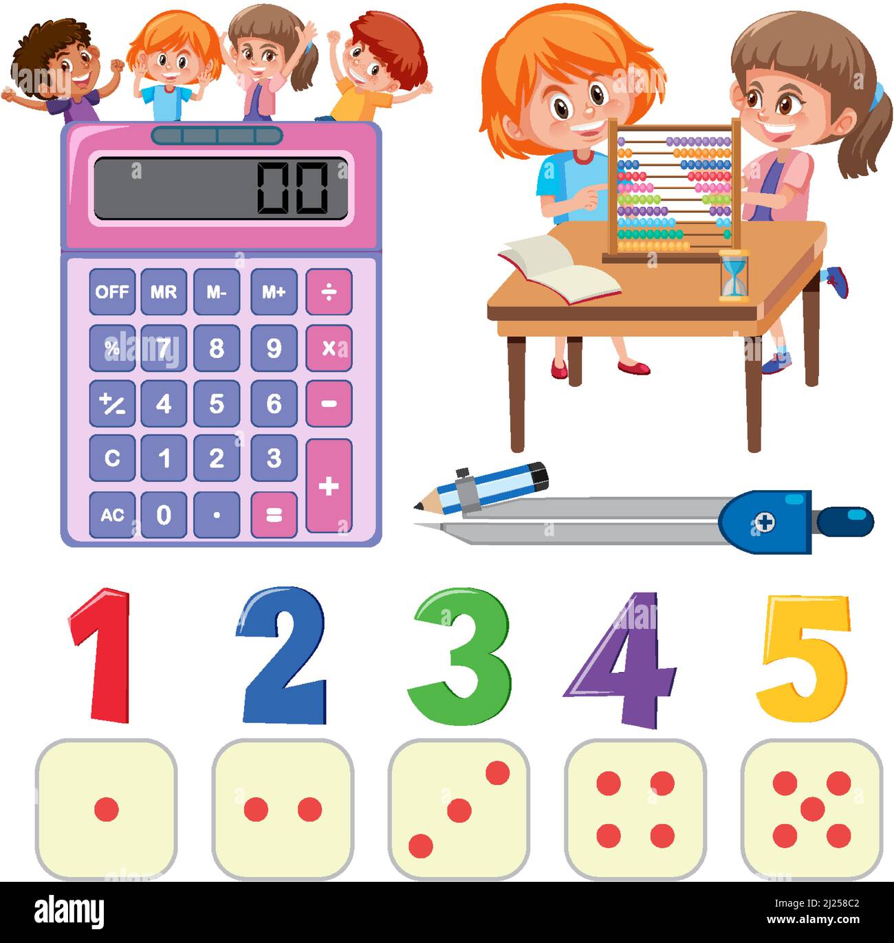 Math classroom objects with supplies and students illustration Stock ...