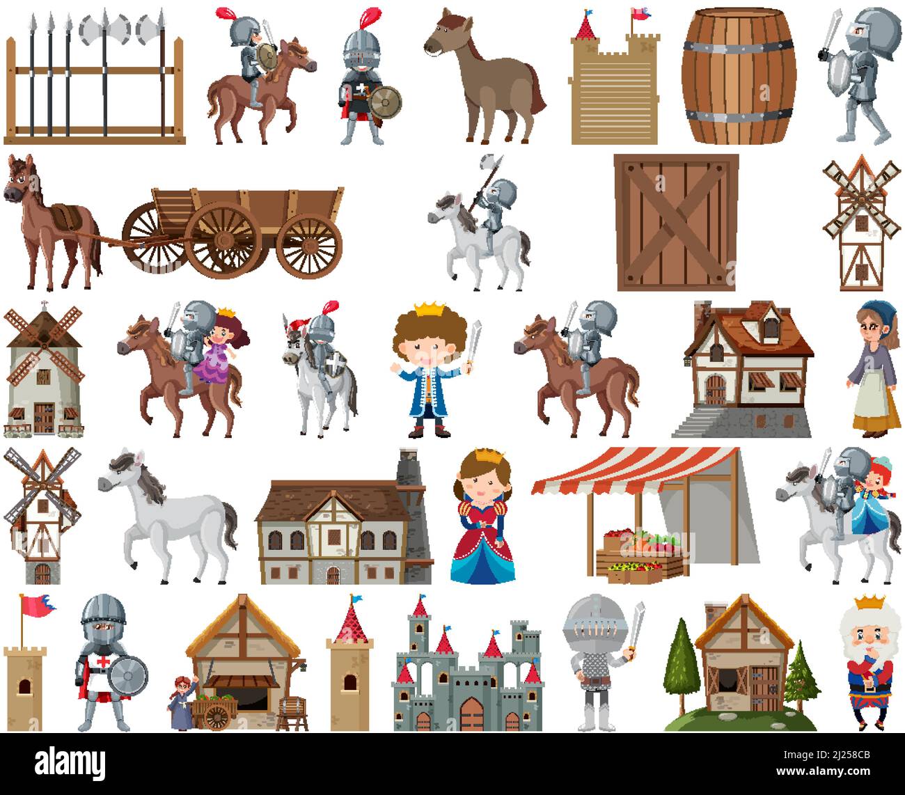 Medieval characters buildings set illustration Stock Vector Image & Art ...