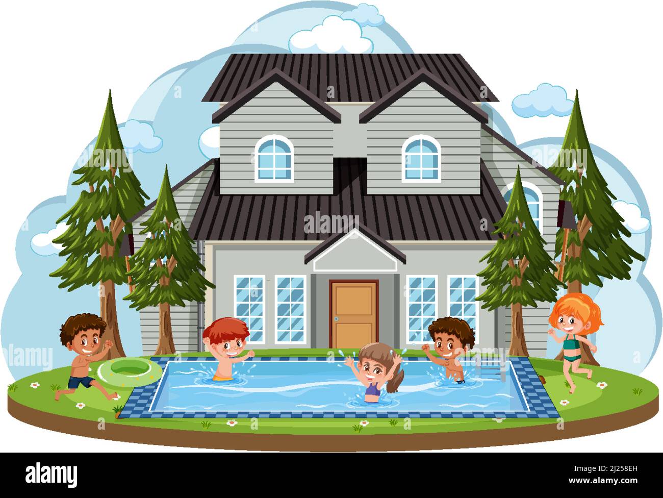 In front of house with children swimming in the pool illustration Stock ...