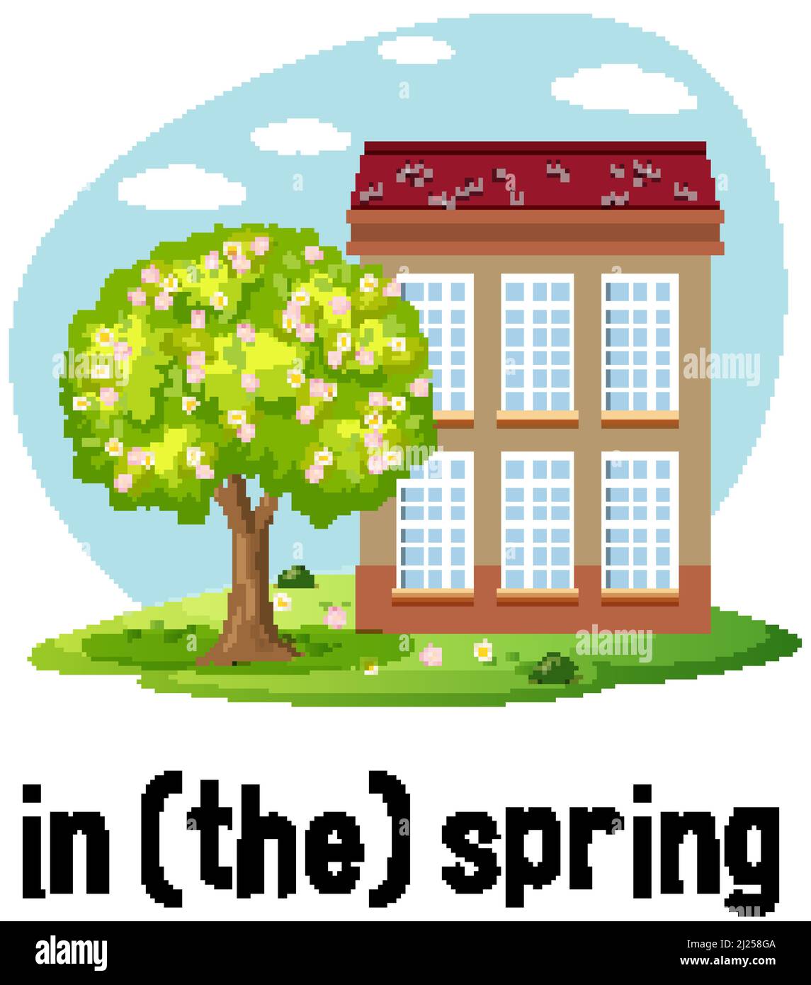 English prepositions of time with spring scene illustration Stock ...