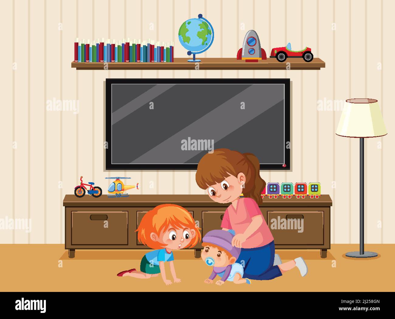 Living room scene with children cartoon character illustration Stock ...