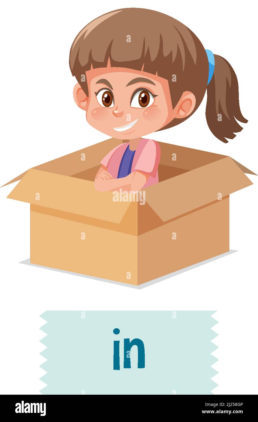 Preposition of place with cartoon girl and a box illustration Stock ...