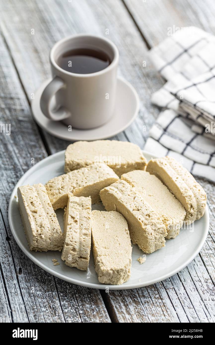 Sweet tahini halva. Turkish dessert on a plate Stock Photo - Alamy