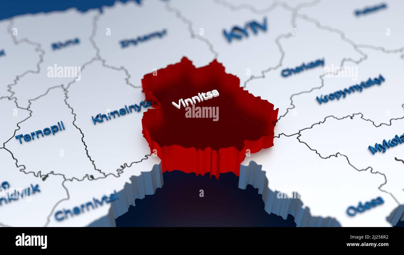 Stylish 3D map of Ukraine with Vinnitsa region at focus highlighted in ...