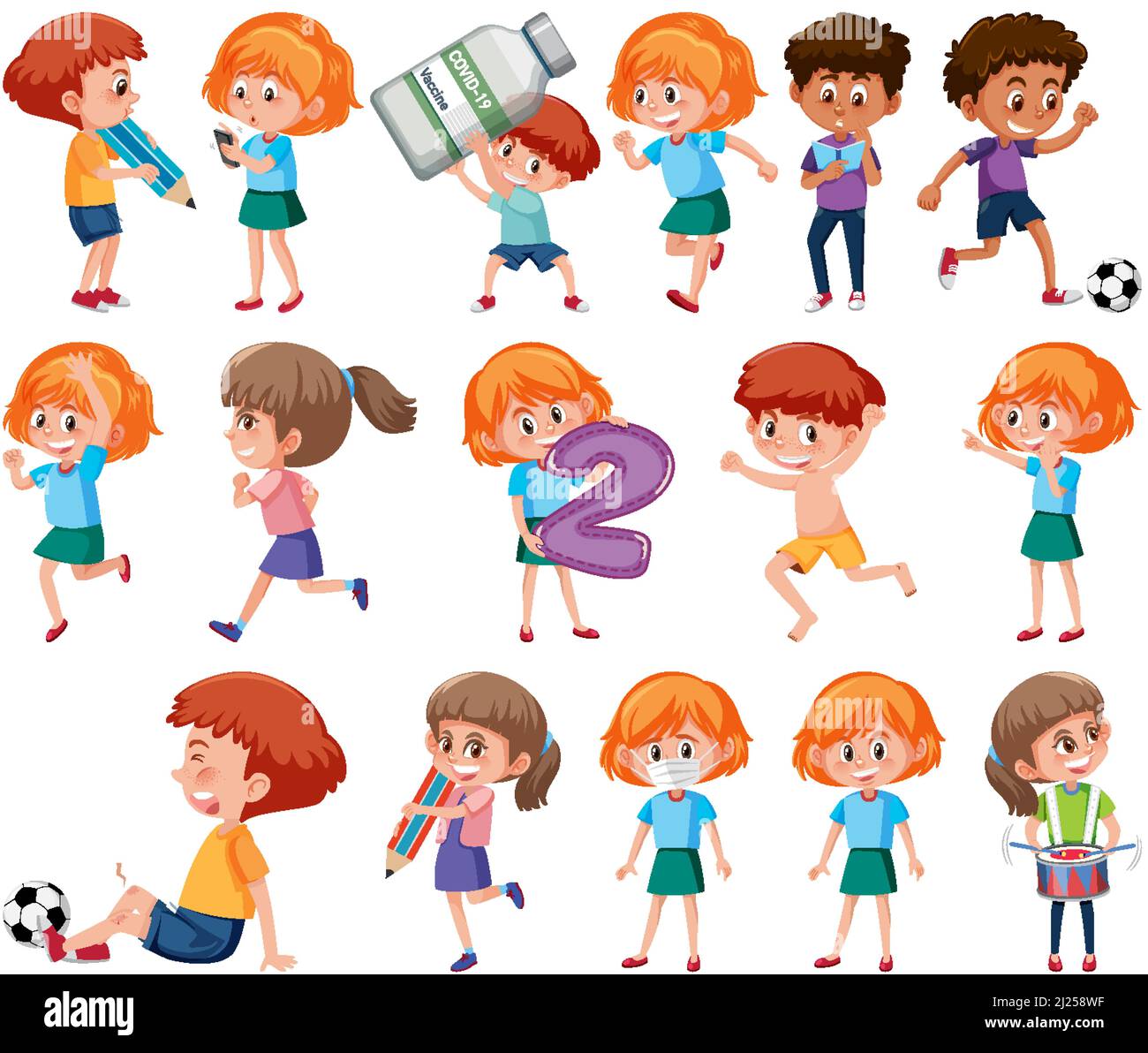 Set of children doing different activities on white background ...