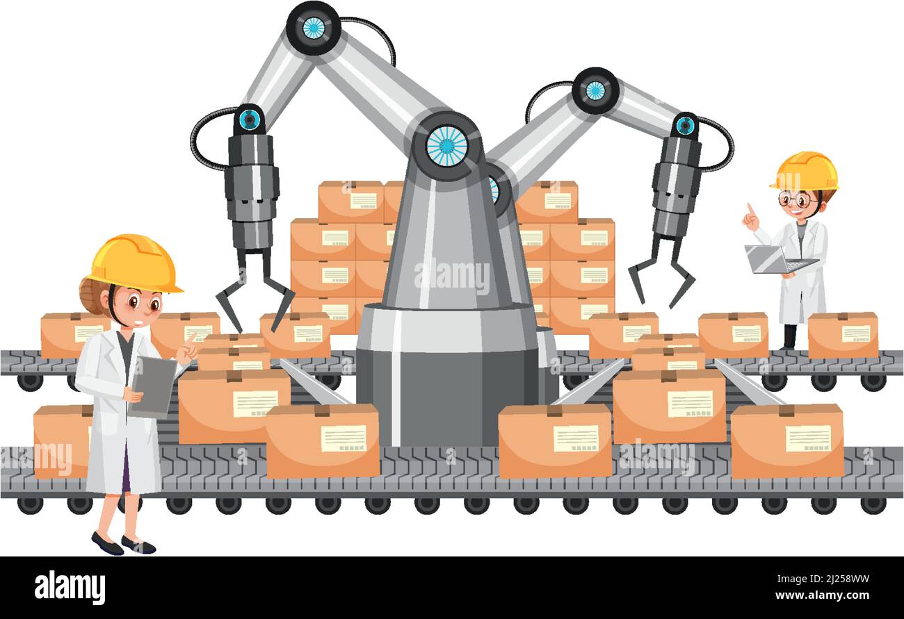 Automation industry concept with assembly line robots illustration ...