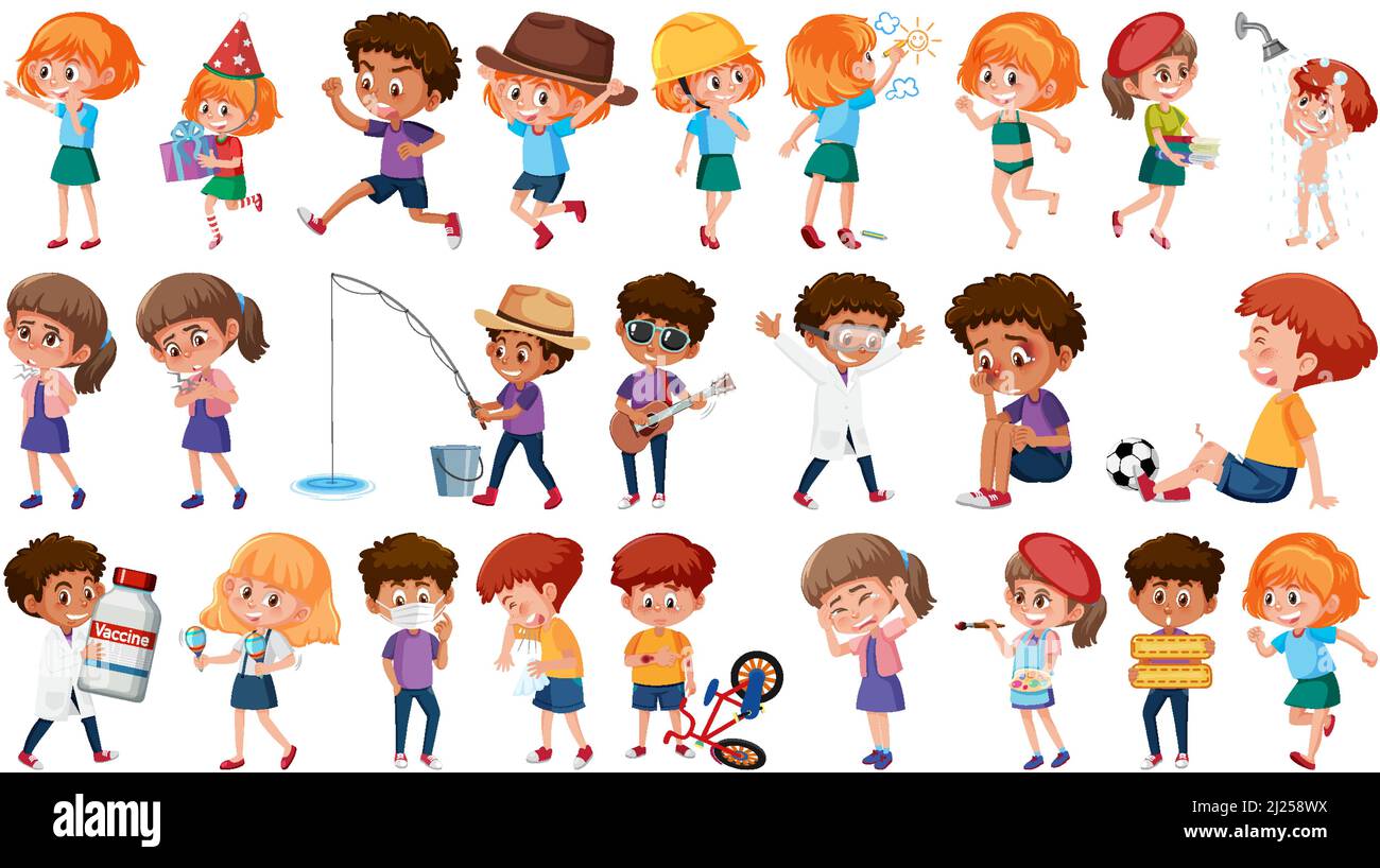 Set of children doing different activities on white background ...