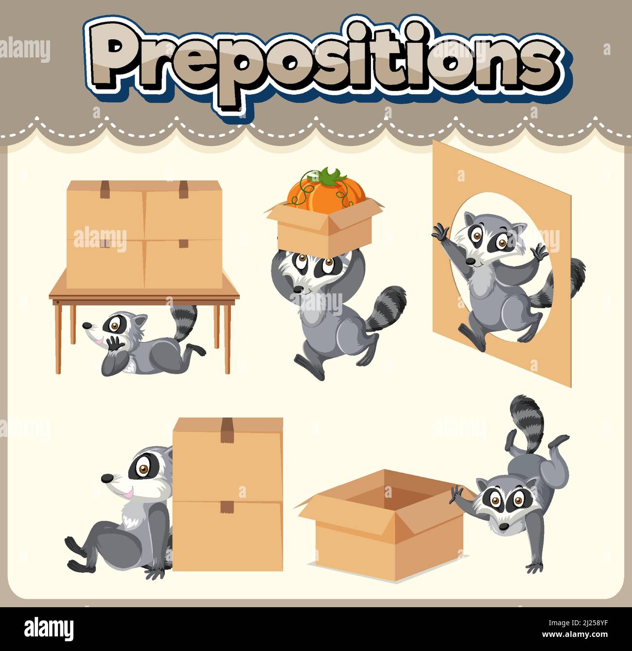 Preposition wordcard with raccoon and box illustration Stock Vector ...