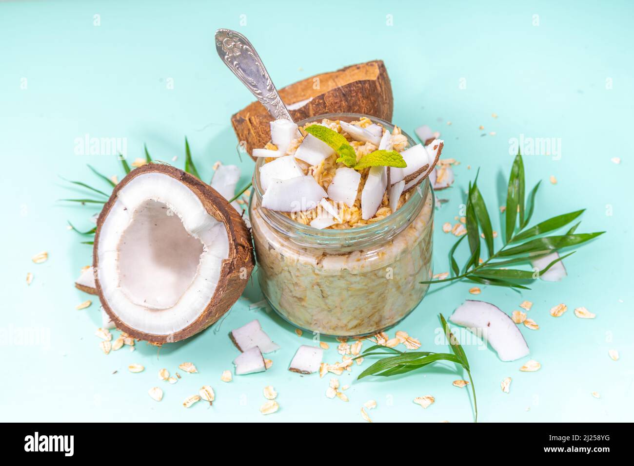 Breakfast overnight oatmeal oats with coconut milk and fresh coconut ...