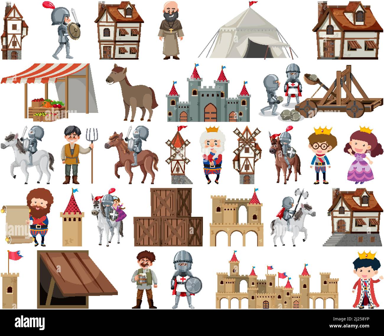 Medieval characters buildings set illustration Stock Vector Image & Art ...