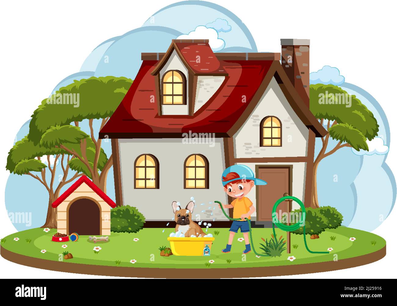 Happy boy washing his dog in front of house cartoon illustration Stock ...