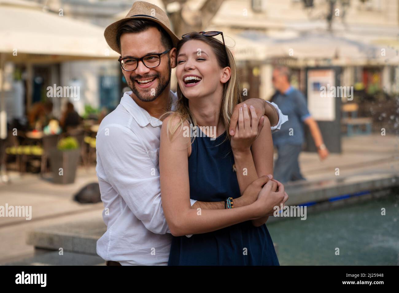Happy tourist couple in love having fun, traveling smiling together on ...