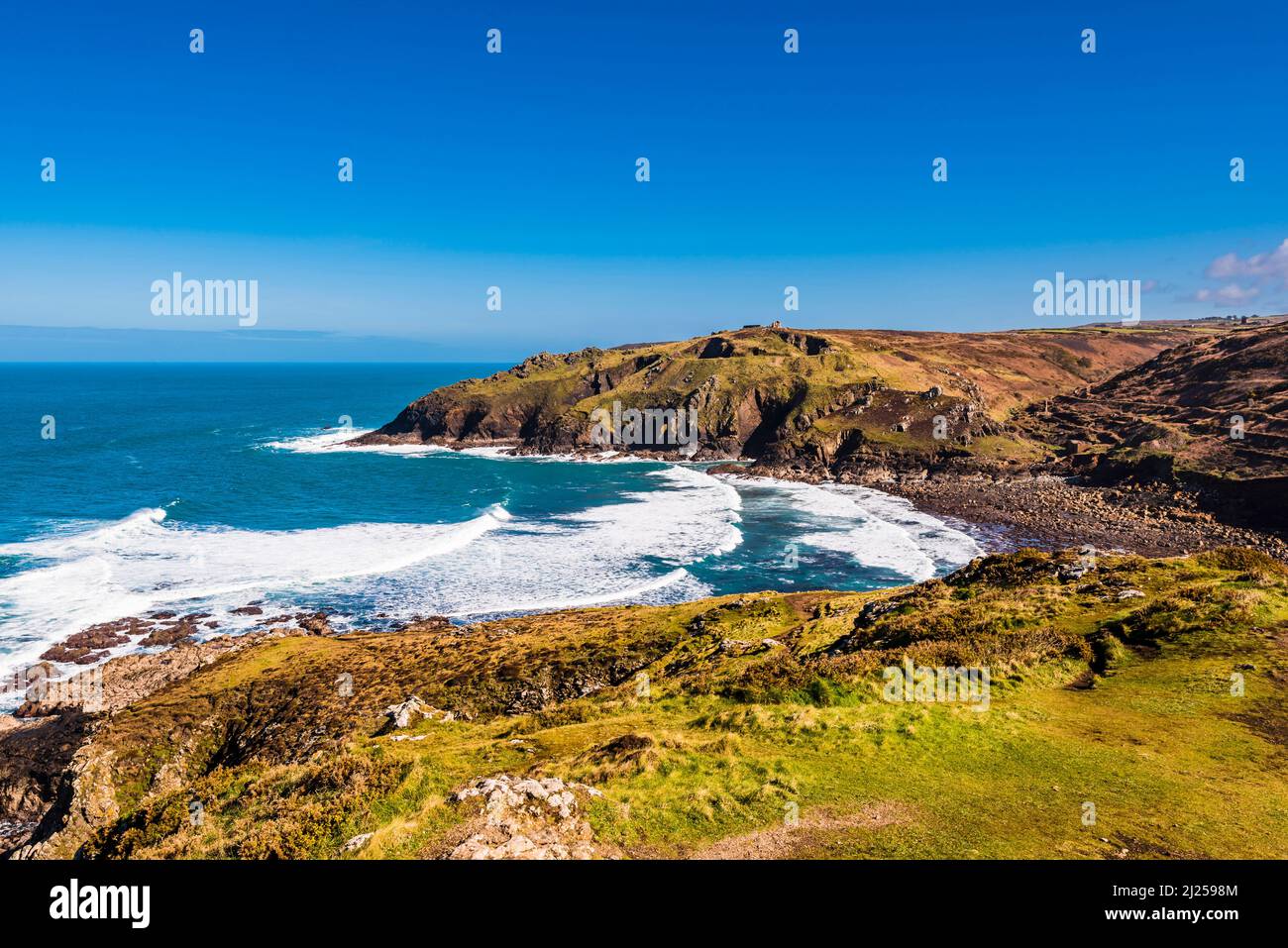 Looking over Porth Ledden to Kenidjack Castle, from Cape Cornwall, near ...
