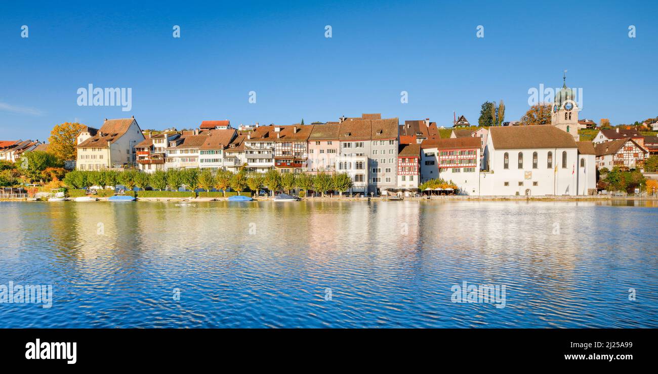 View from the Rhine bank over the Rhine to the old town of Eglisau with ...