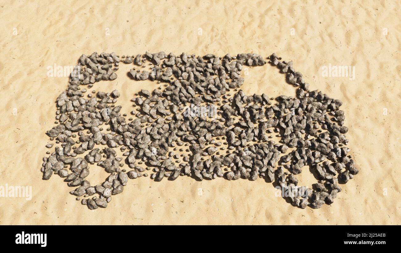 Concept conceptual stones on beach sand handmade symbol shape, golden ...